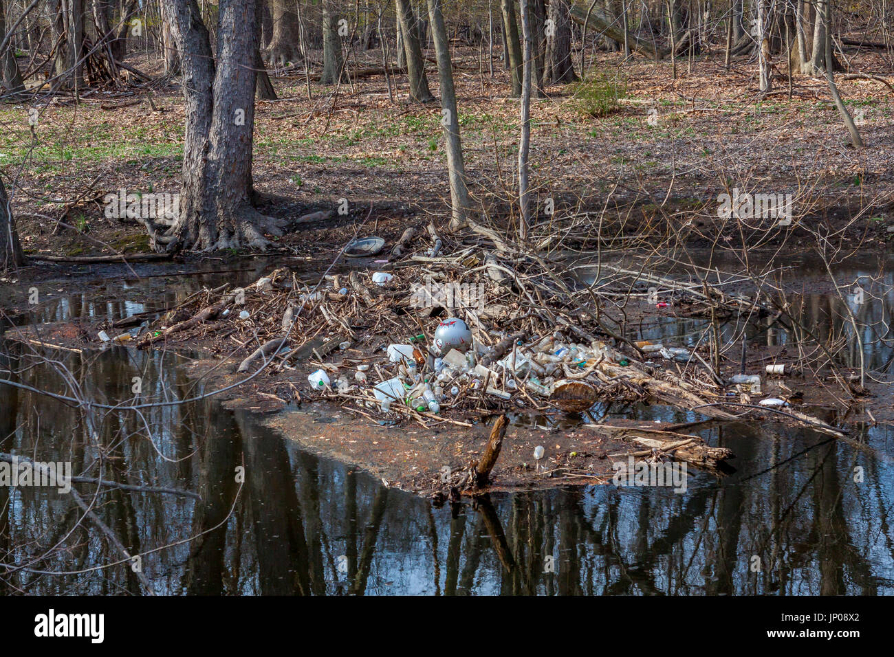 Polluted river in a public park, various garbage and trash Stock Photo ...