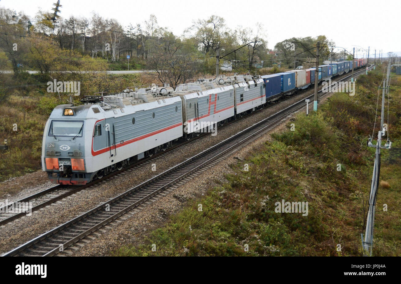 VLADIVOSTOK, Russia - A train carries containers on the Trans-Siberian ...
