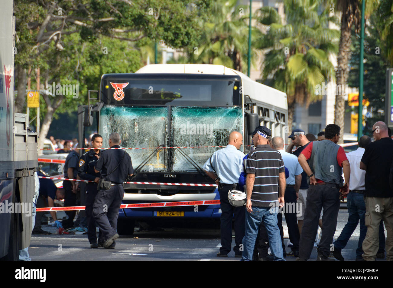 TEL AVIV, Israel - Photo shows a bus destroyed after a bomb exploded ...