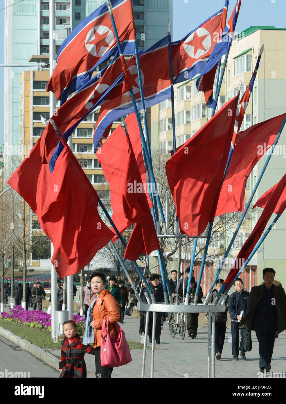 PYONGYANG, North Korea - North Korean national flags are seen in ...