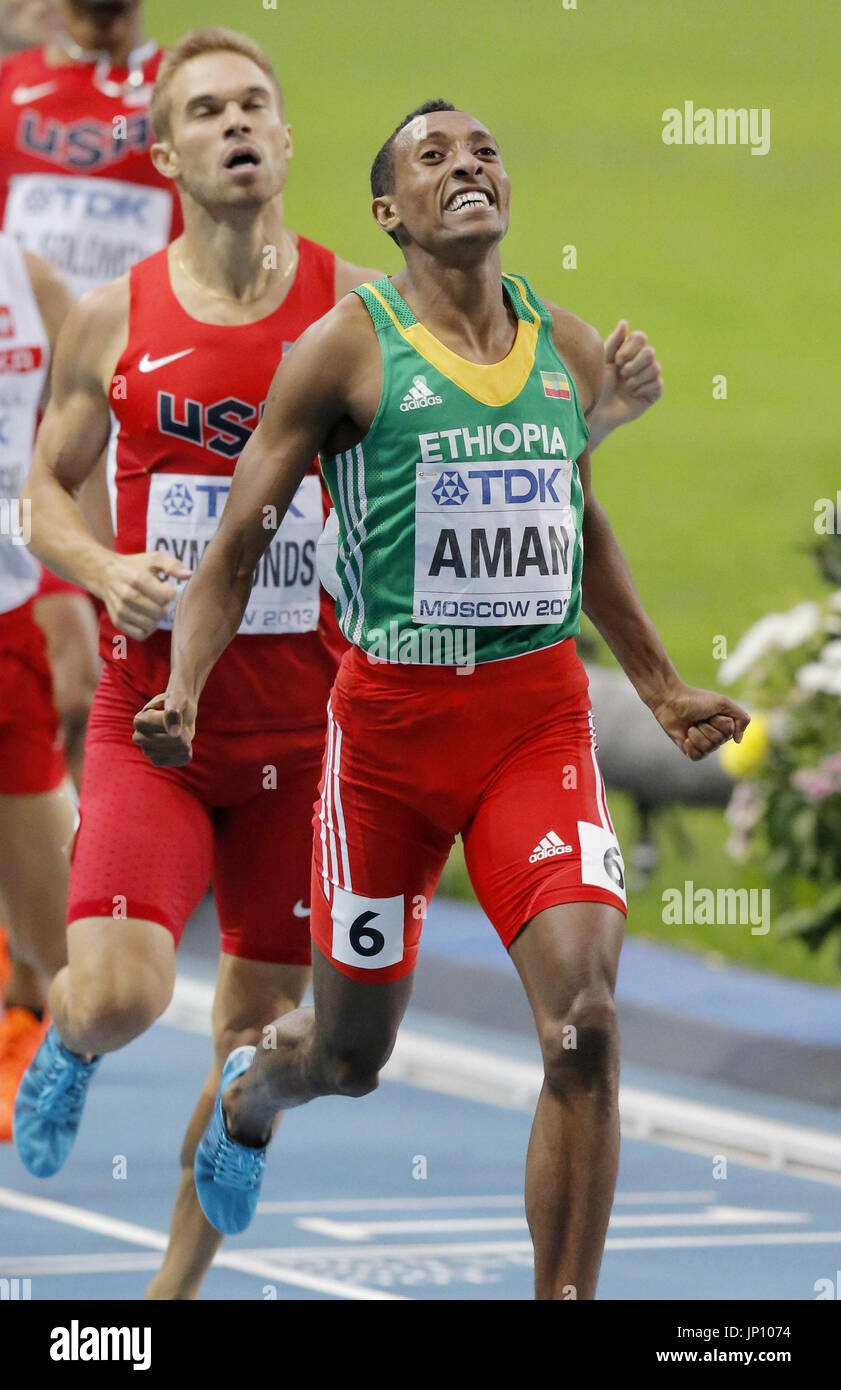 MOSCOW, Russia - Mohammed Aman of Ethiopia finishes first in the men's ...