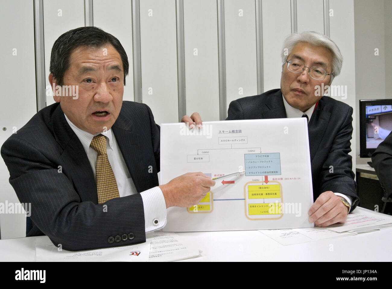 TOKYO, Japan - Arabian Oil Co. President Kazutoshi Hoyano (R) and Fumio ...