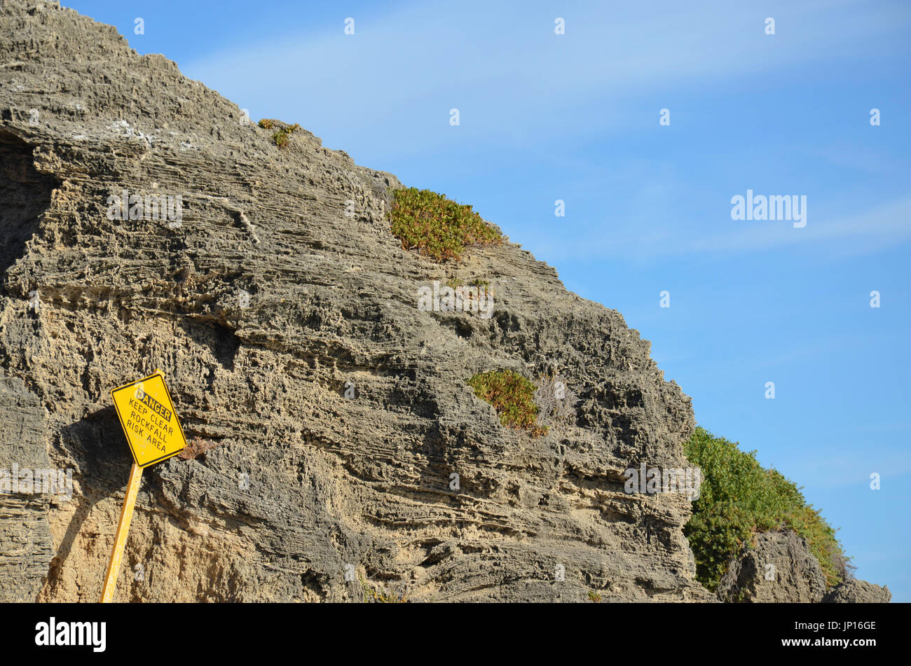A sing leaning against a rock wall warning of the risk of falling rocks ...