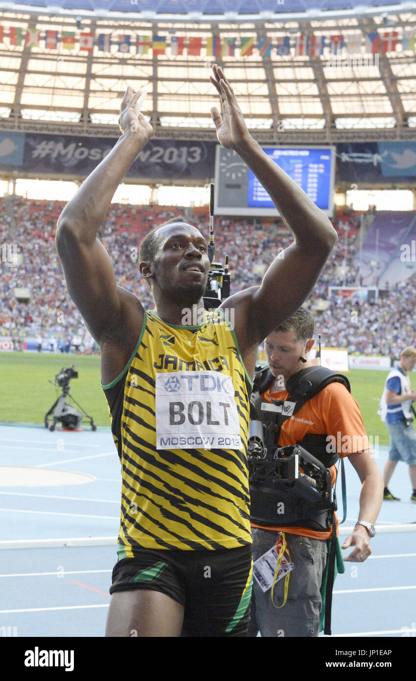 MOSCOW, Russia - Jamaican sprinter Usain Bolt acknowledges spectators ...