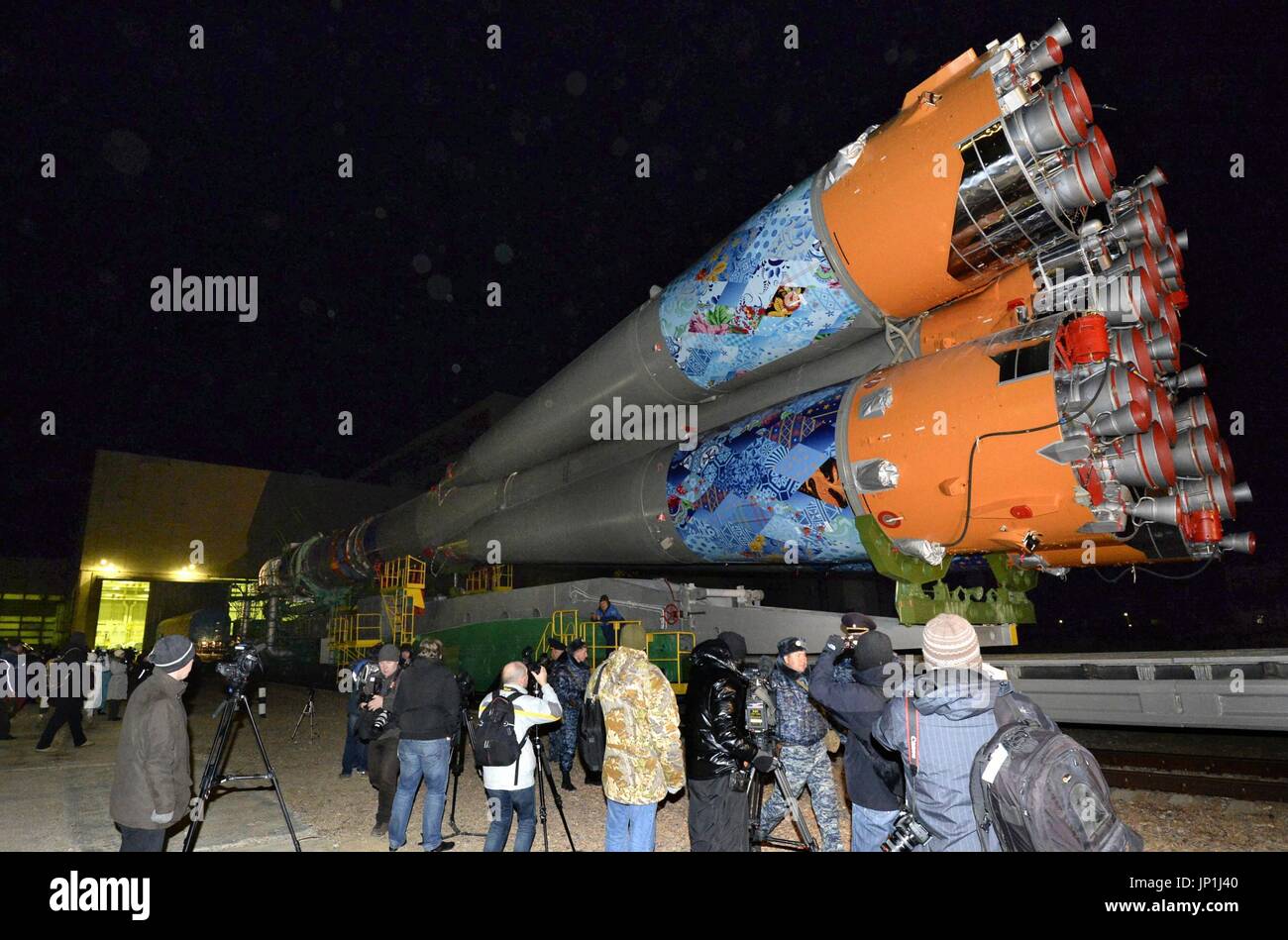 BAIKONUR, Kazakhstan - A Soyuz rocket, painted with a design ...