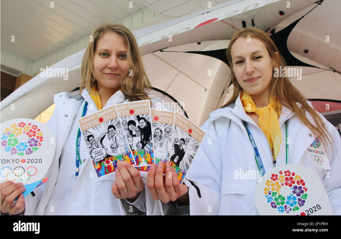 SOCHI, Russia - Russian staff members at Japan House, set up in Sochi ...