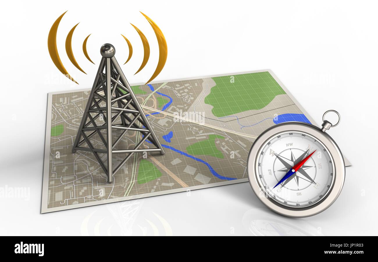 3d illustration of map with antenna and Stock Photo - Alamy