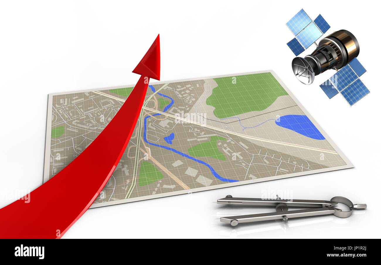 3d illustration of map with red arrow and gps satellite Stock Photo - Alamy