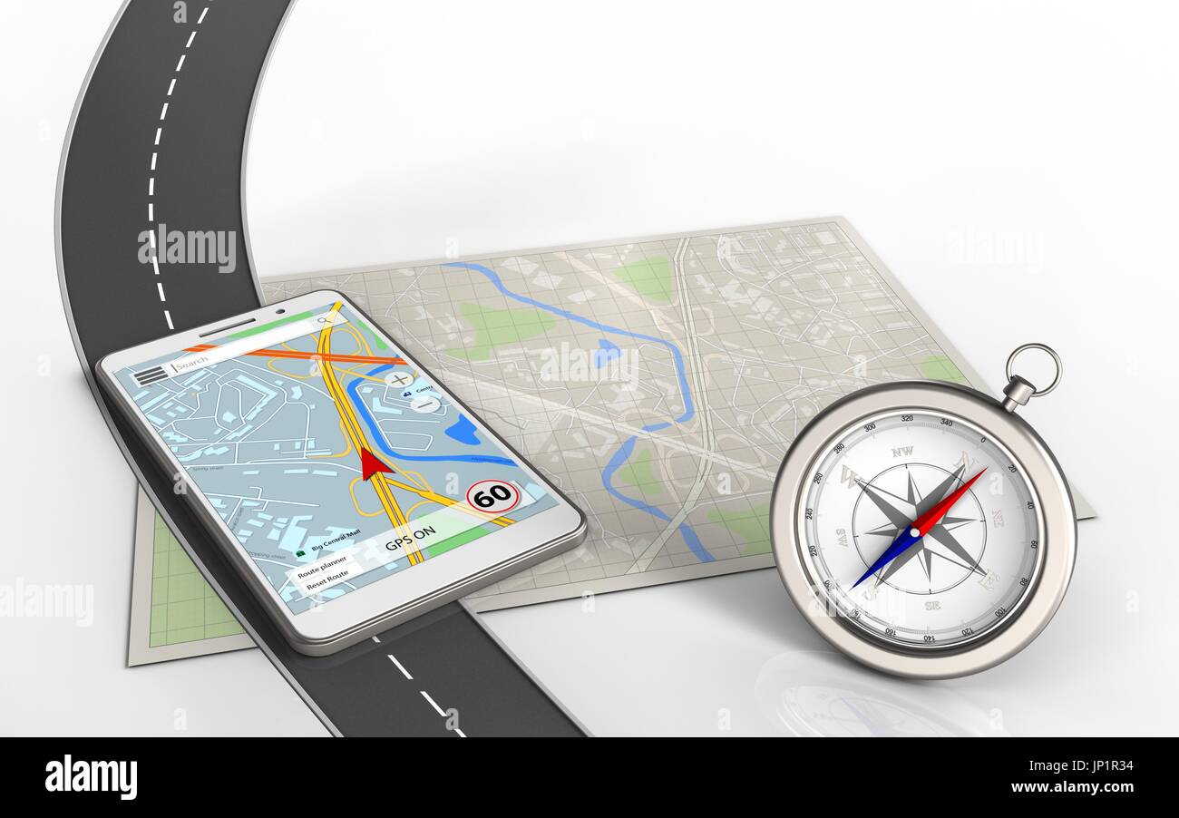 3d illustration of bright map with mobile navigation and compass Stock ...