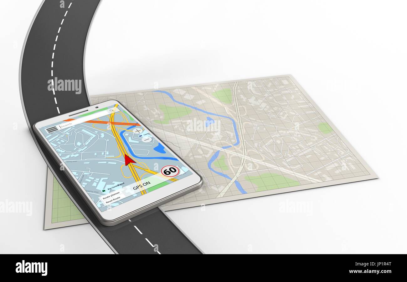 3d illustration of bright map with mobile navigation and Stock Photo ...