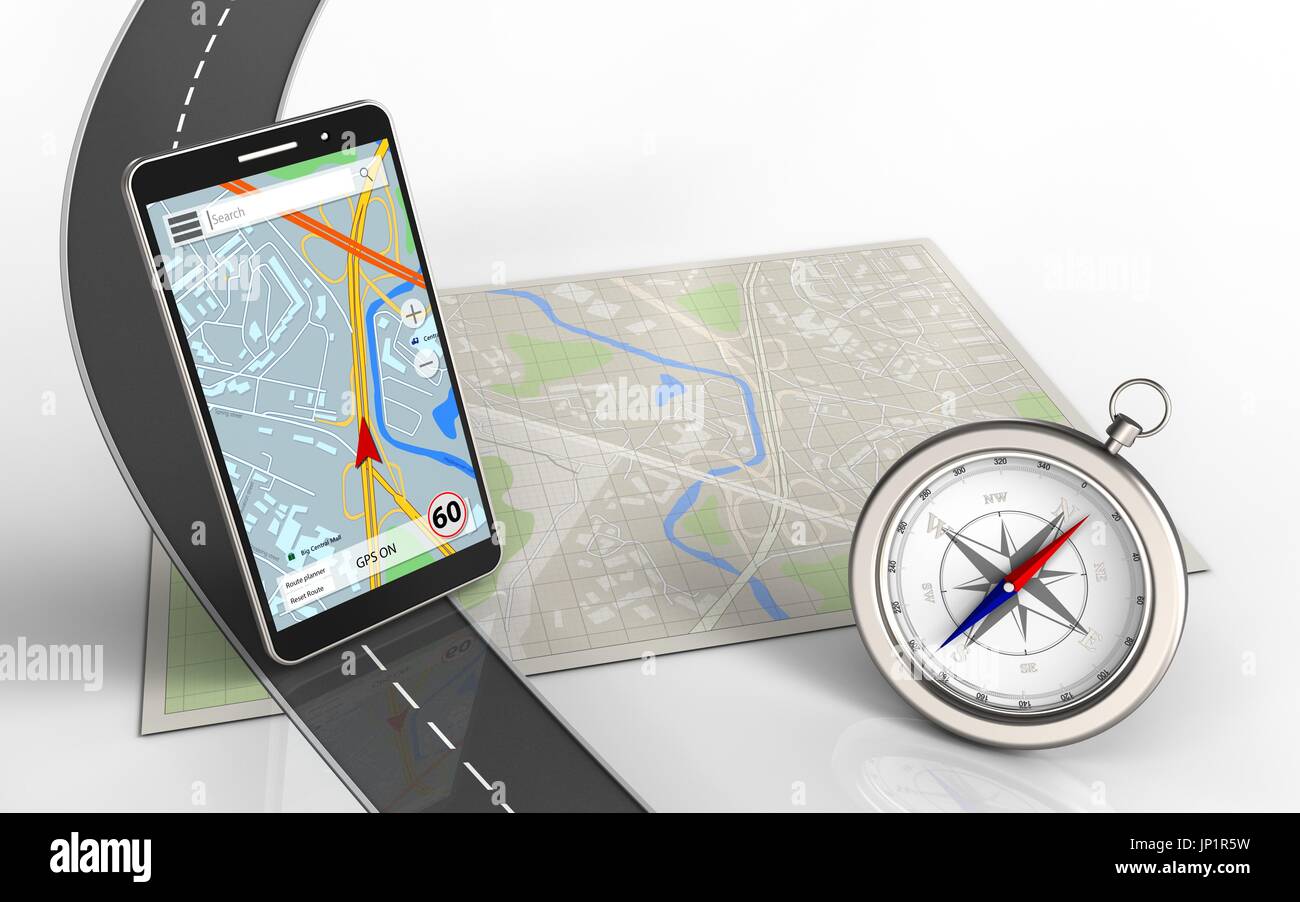 3d illustration of bright map with mobile phone navigation and compass ...