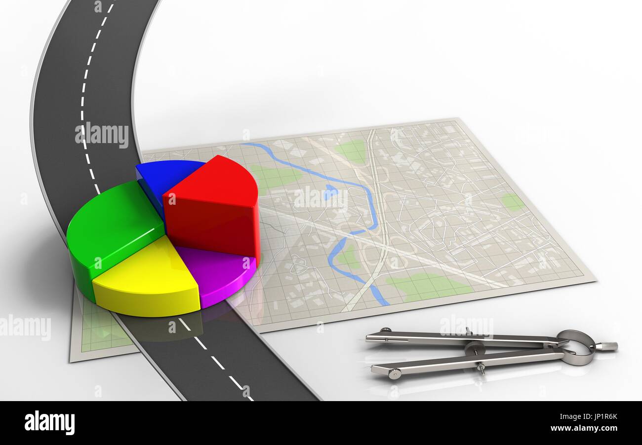 3d illustration of bright map with business data and circle tool Stock ...