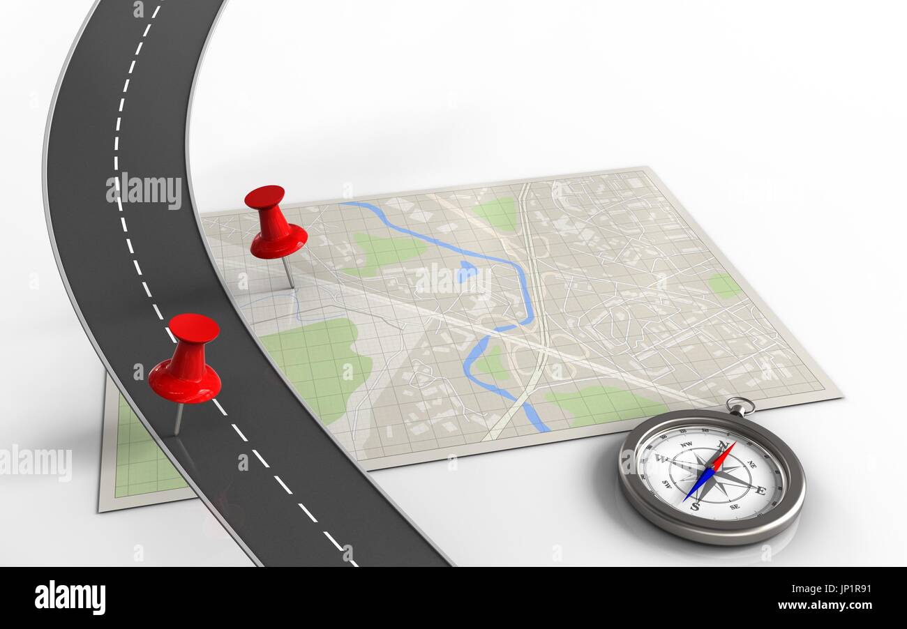 3d illustration of bright map with red pins and compass Stock Photo - Alamy