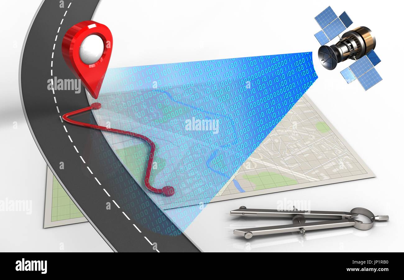 3d illustration of bright map with route and circle tool Stock Photo ...