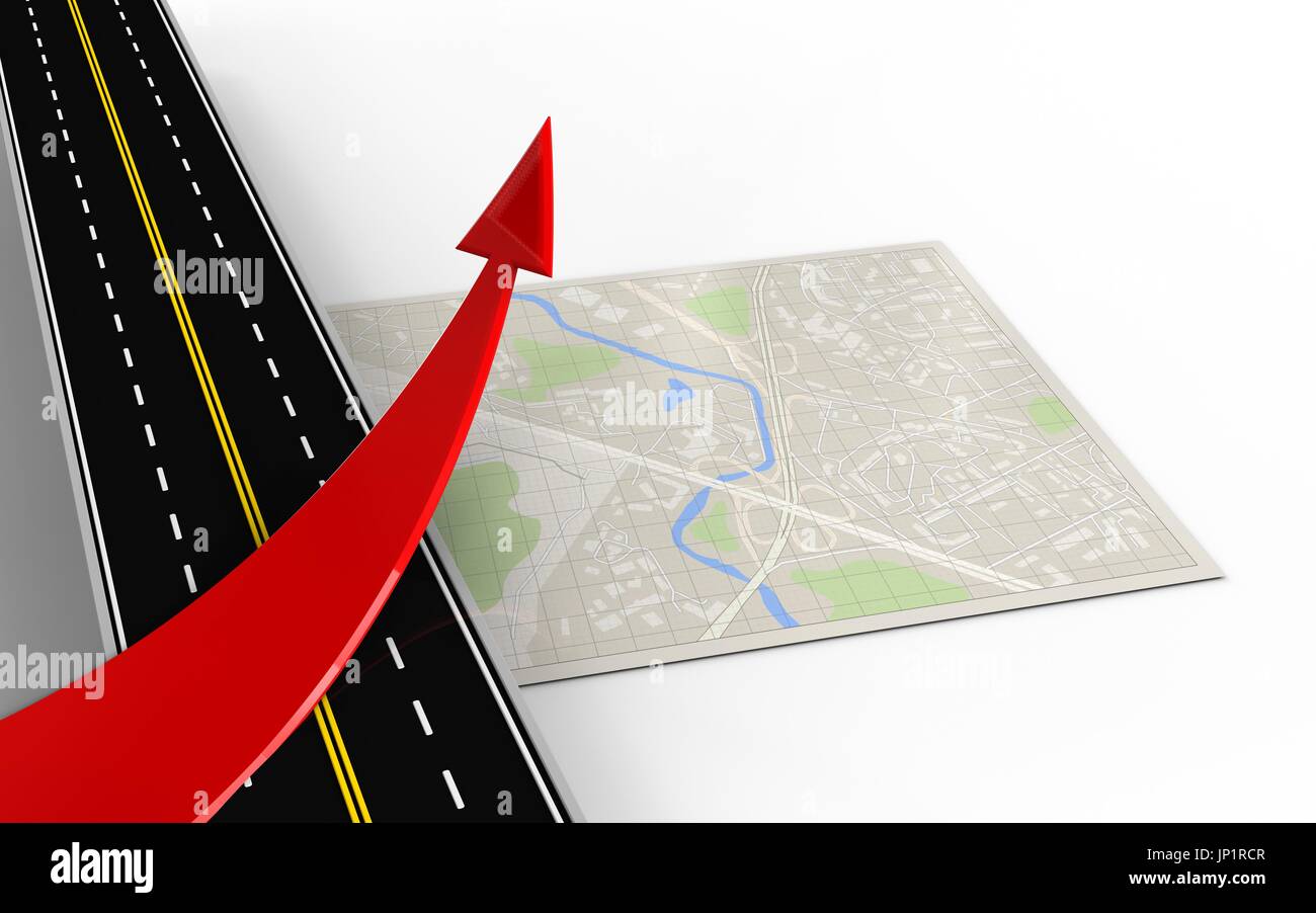 3d illustration of bright map with red arrow and Stock Photo - Alamy