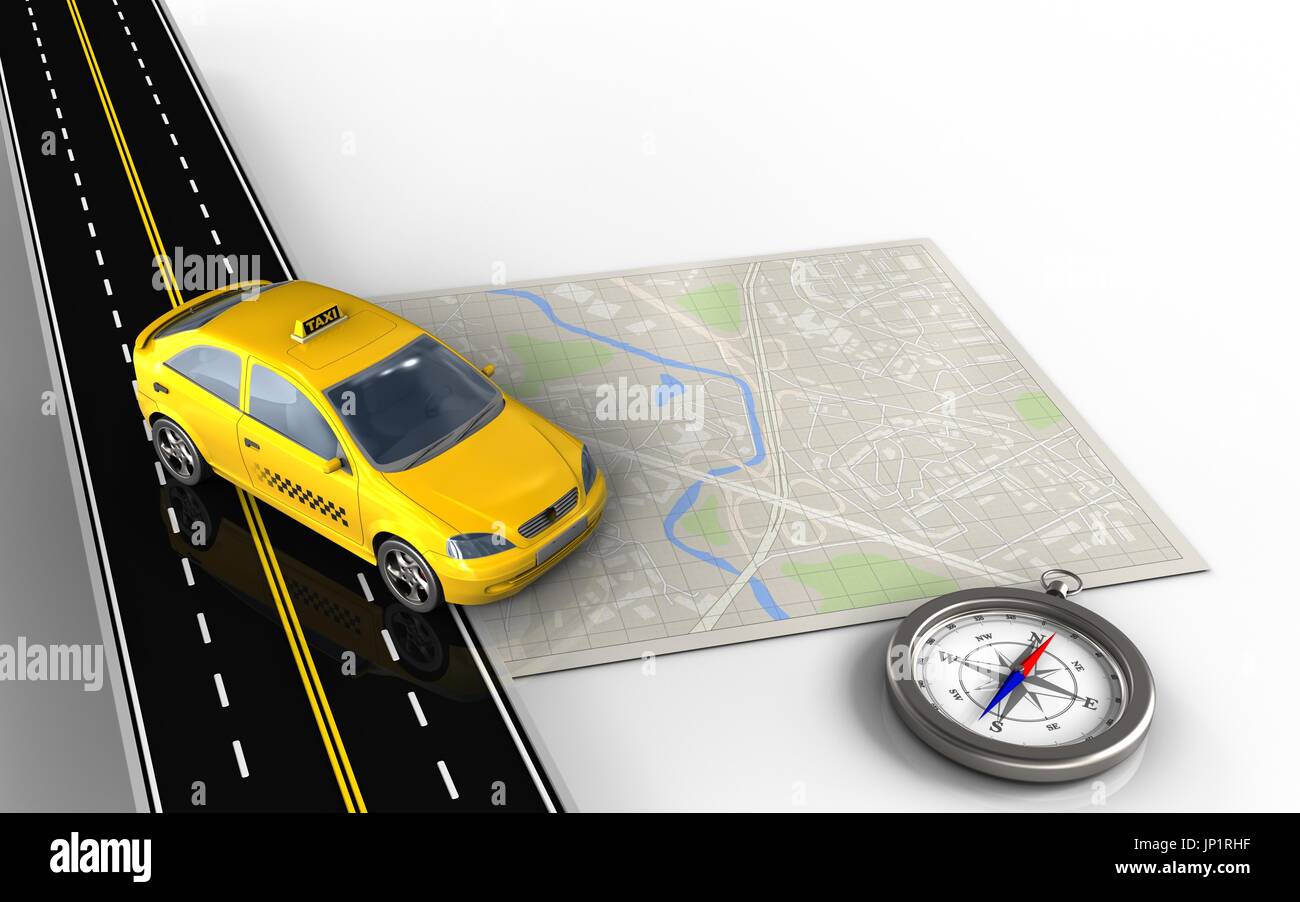 3d illustration of bright map with taxi and compass Stock Photo - Alamy