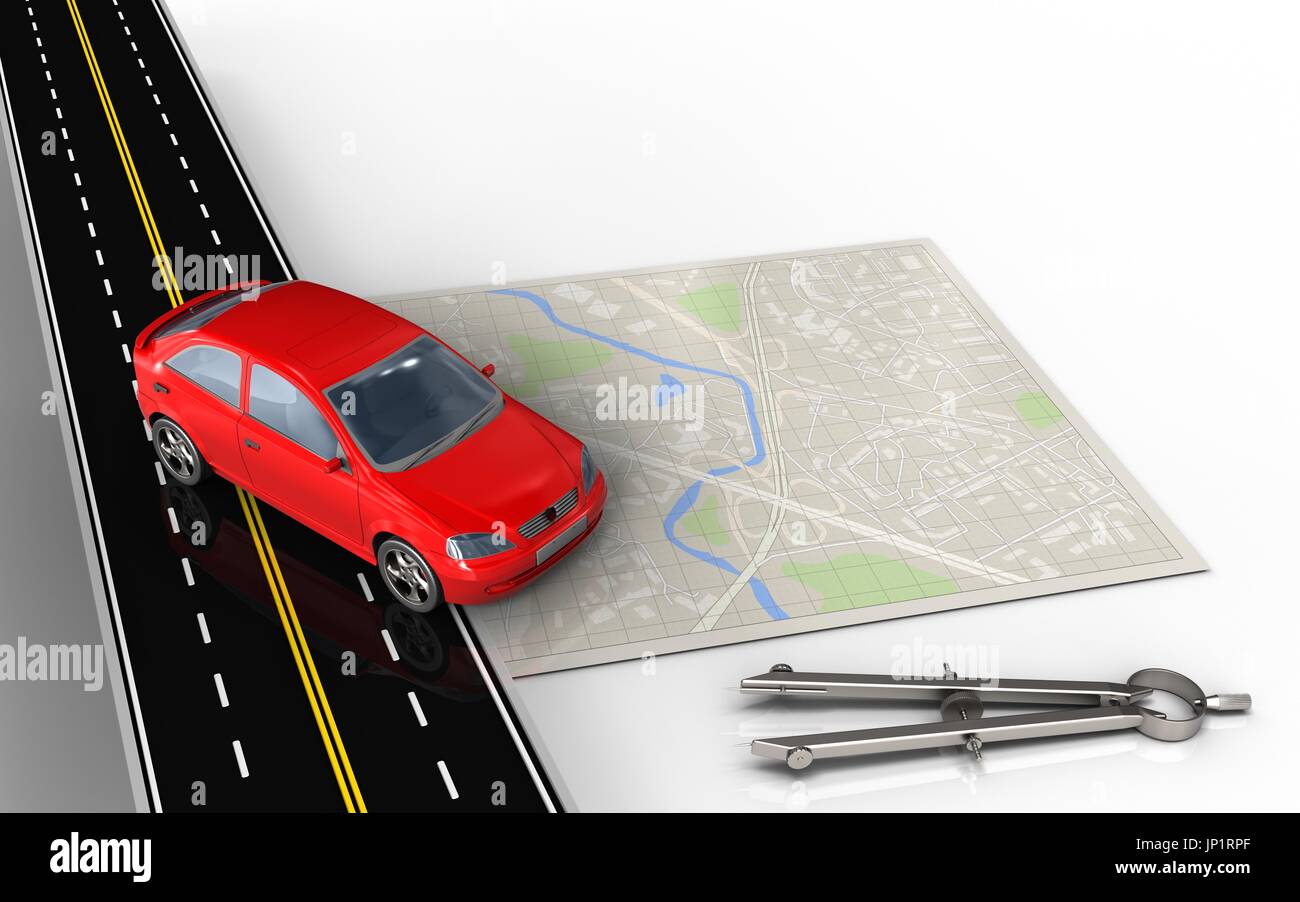 3d illustration of bright map with car and circle tool Stock Photo - Alamy