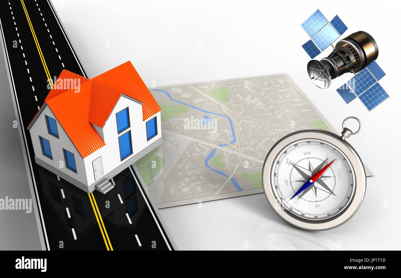3d illustration of bright map with house and compass Stock Photo - Alamy