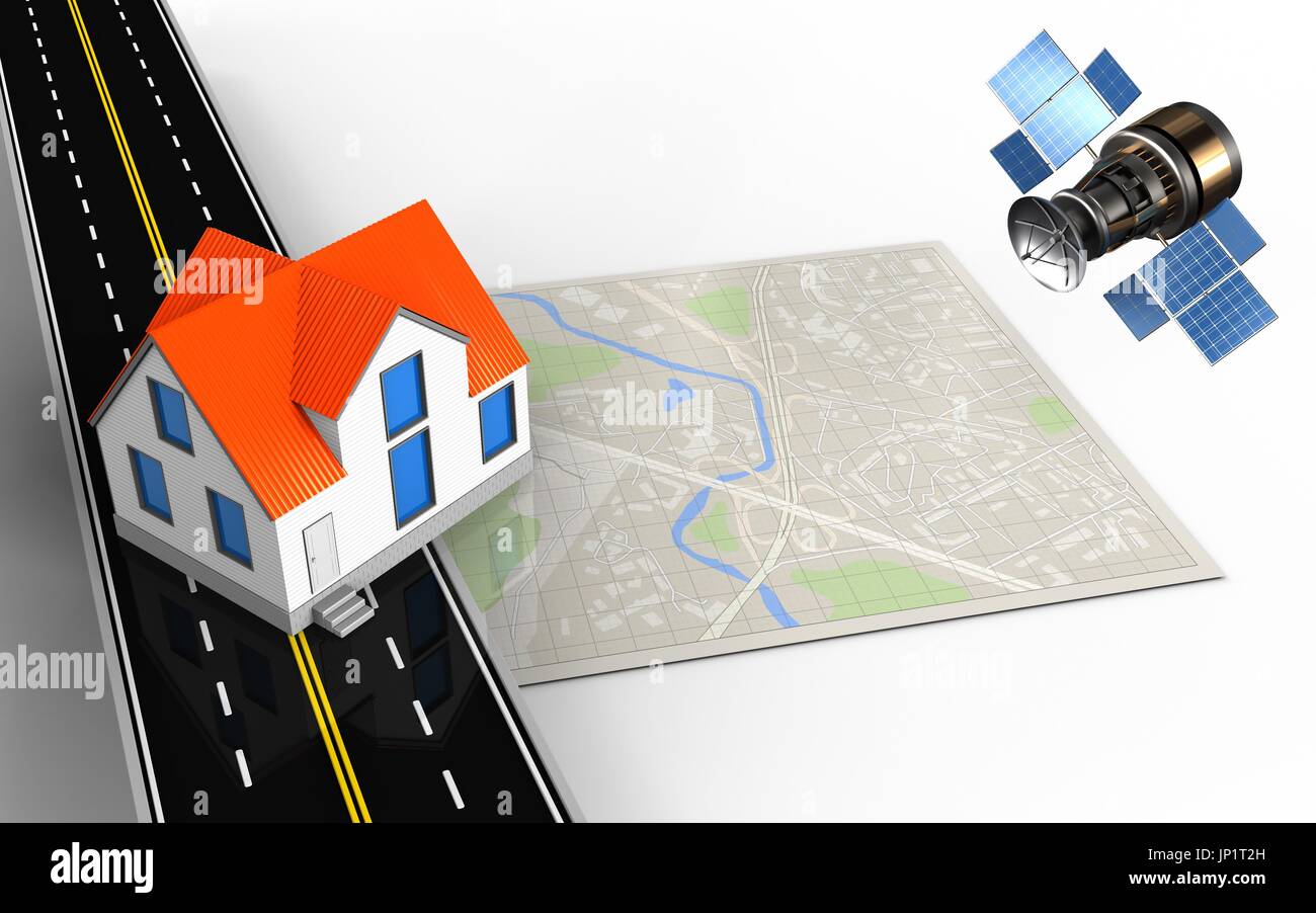 3d illustration of bright map with house and Stock Photo - Alamy