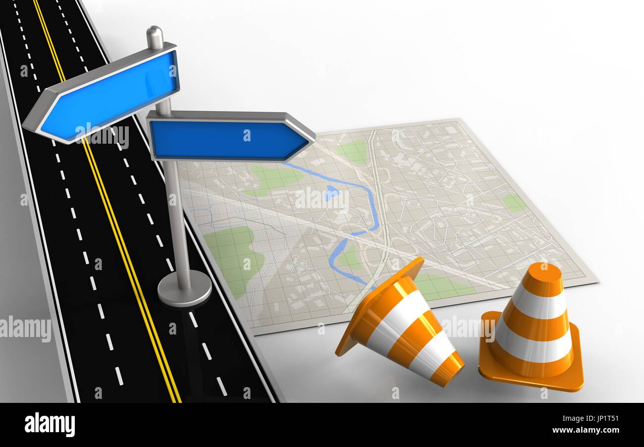 3d illustration of bright map with index and repair cones Stock Photo ...