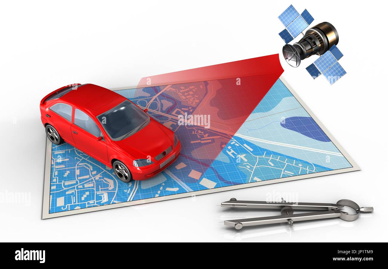 3d illustration of blue map with car and satellite Stock Photo - Alamy