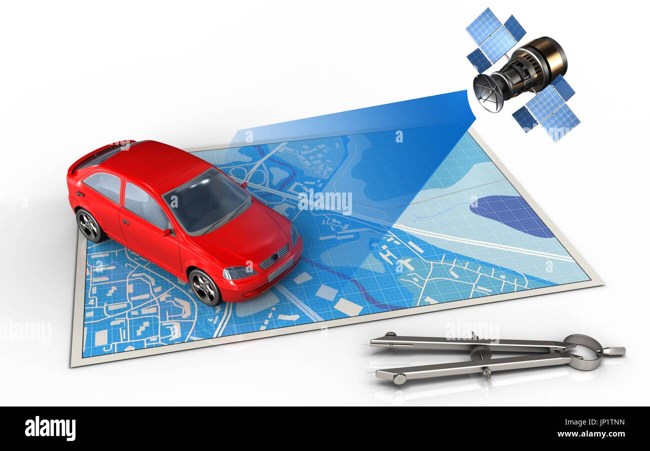 3d illustration of blue map with car and satellite Stock Photo - Alamy