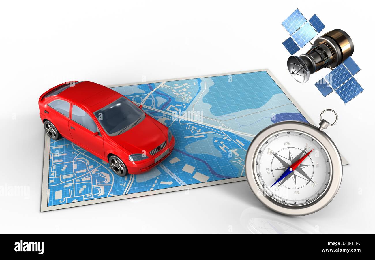 3d illustration of blue map with car and gps satellite Stock Photo - Alamy