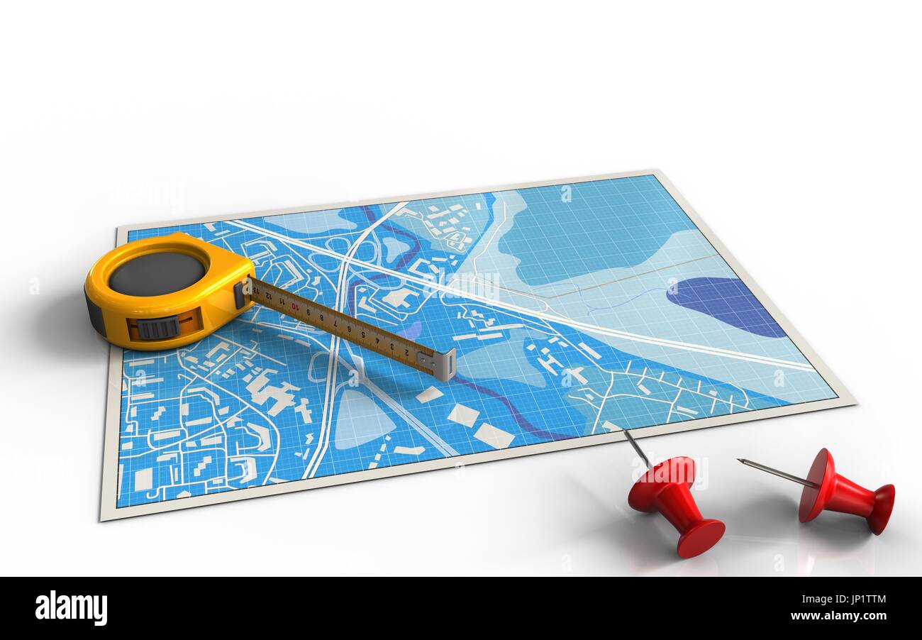 3d illustration of blue map with measure tool and Stock Photo - Alamy