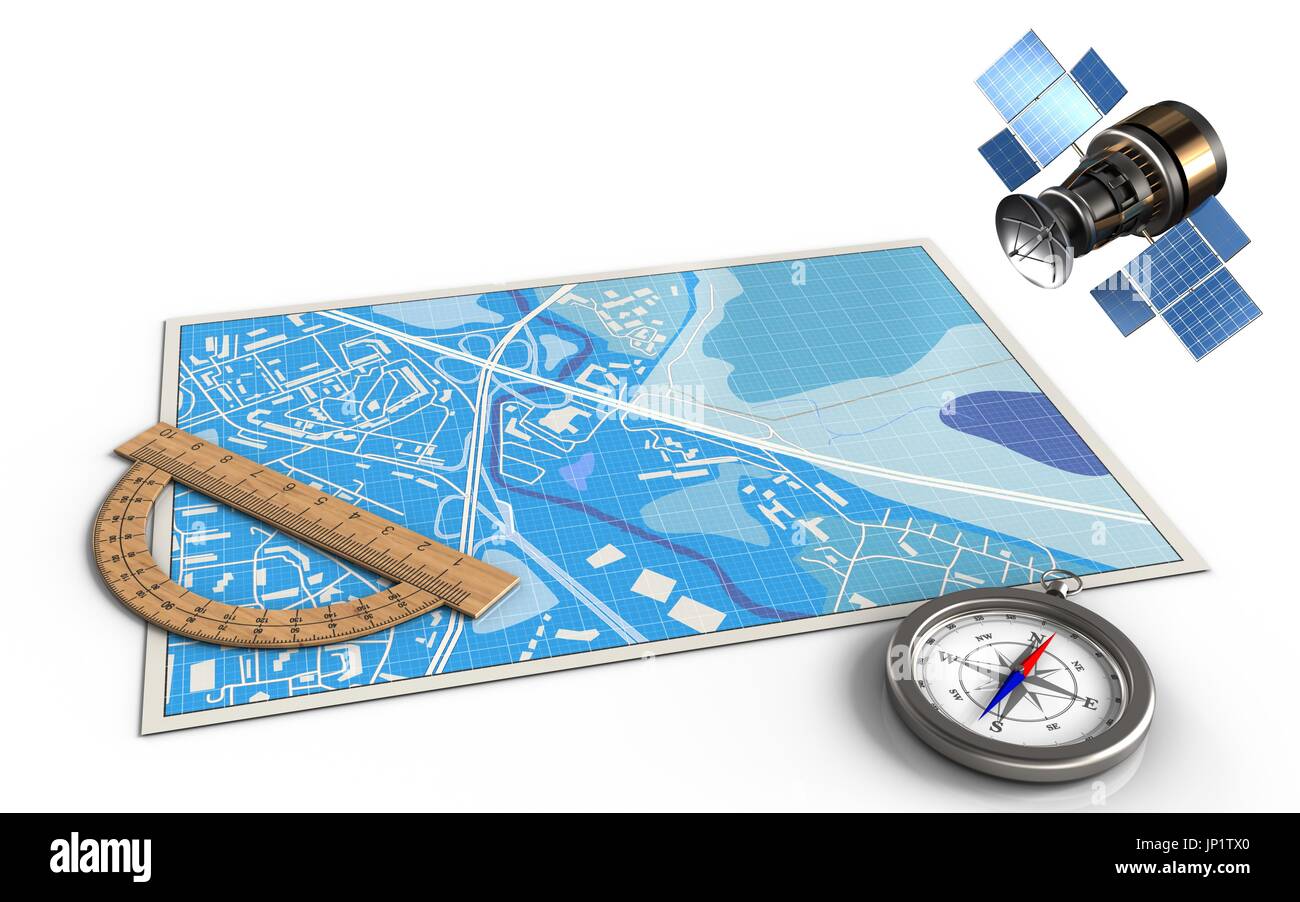 3d illustration of blue map with protractor and gps satellite Stock ...