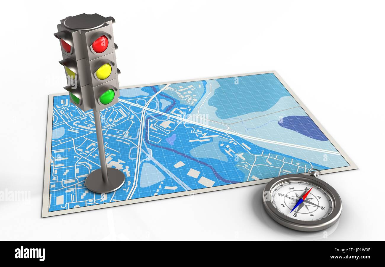 3d illustration of blue map with traffic light and Stock Photo - Alamy
