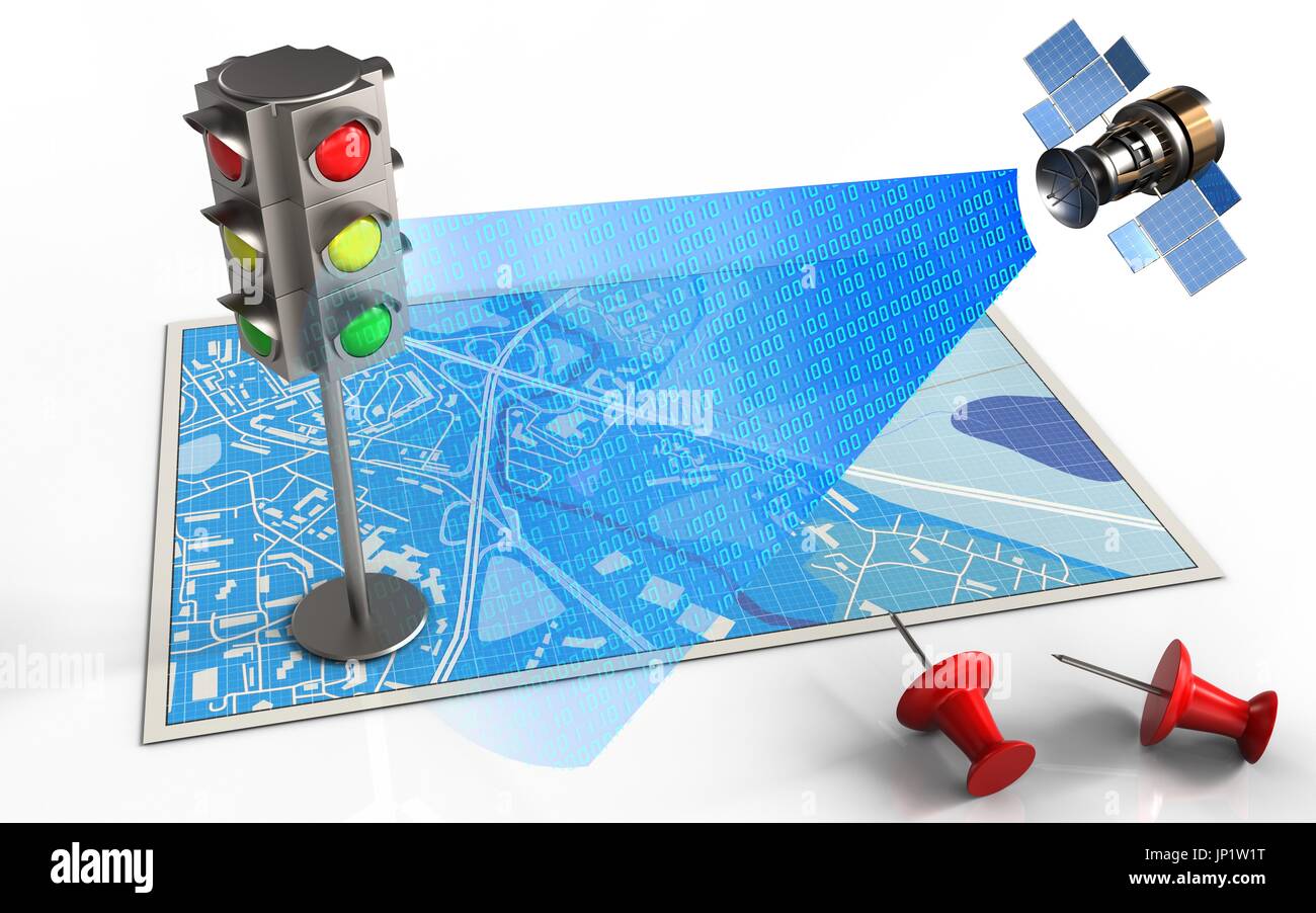3d illustration of blue map with traffic light and satellite digital ...