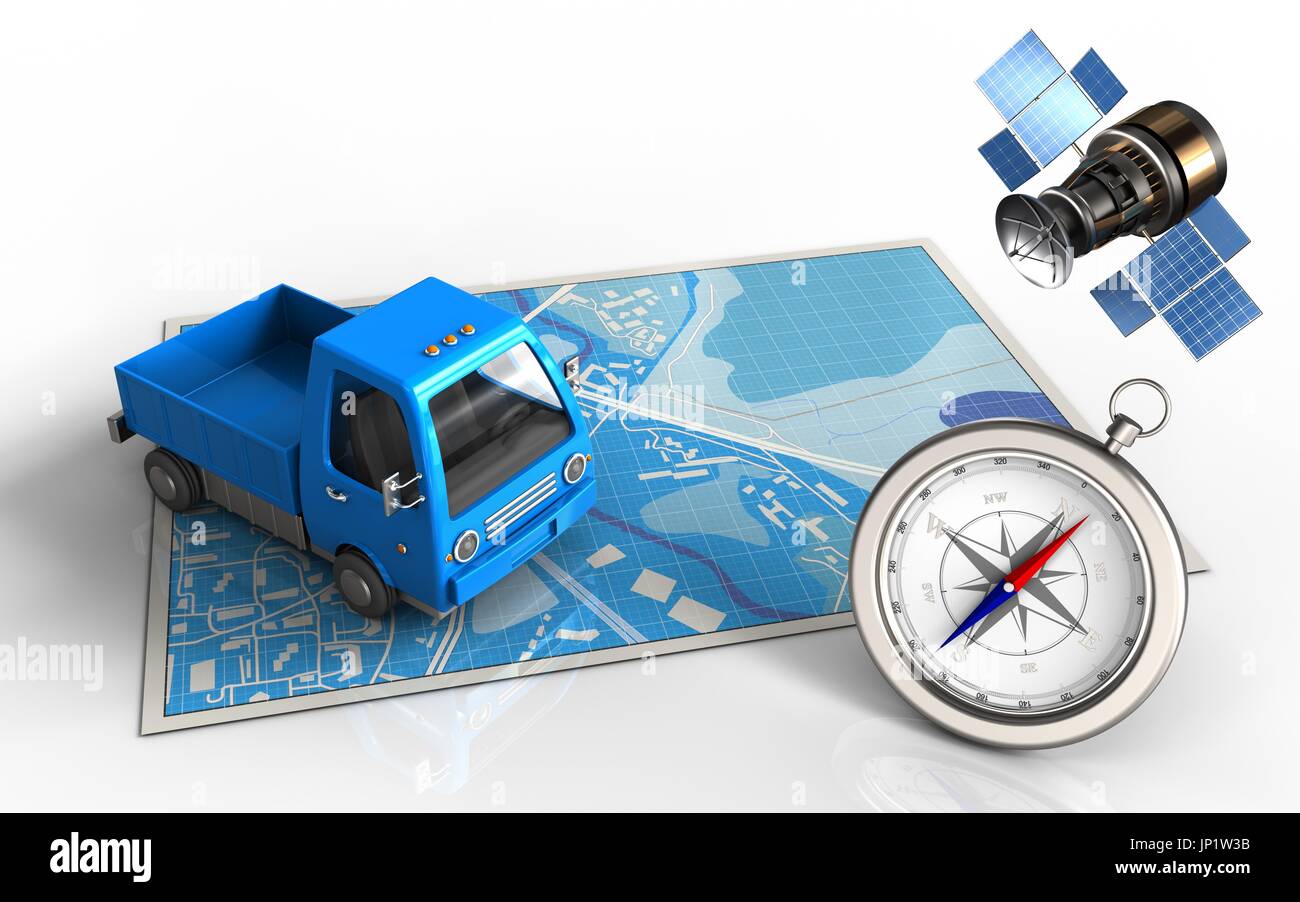 3d illustration of blue map with truck and gps satellite Stock Photo ...