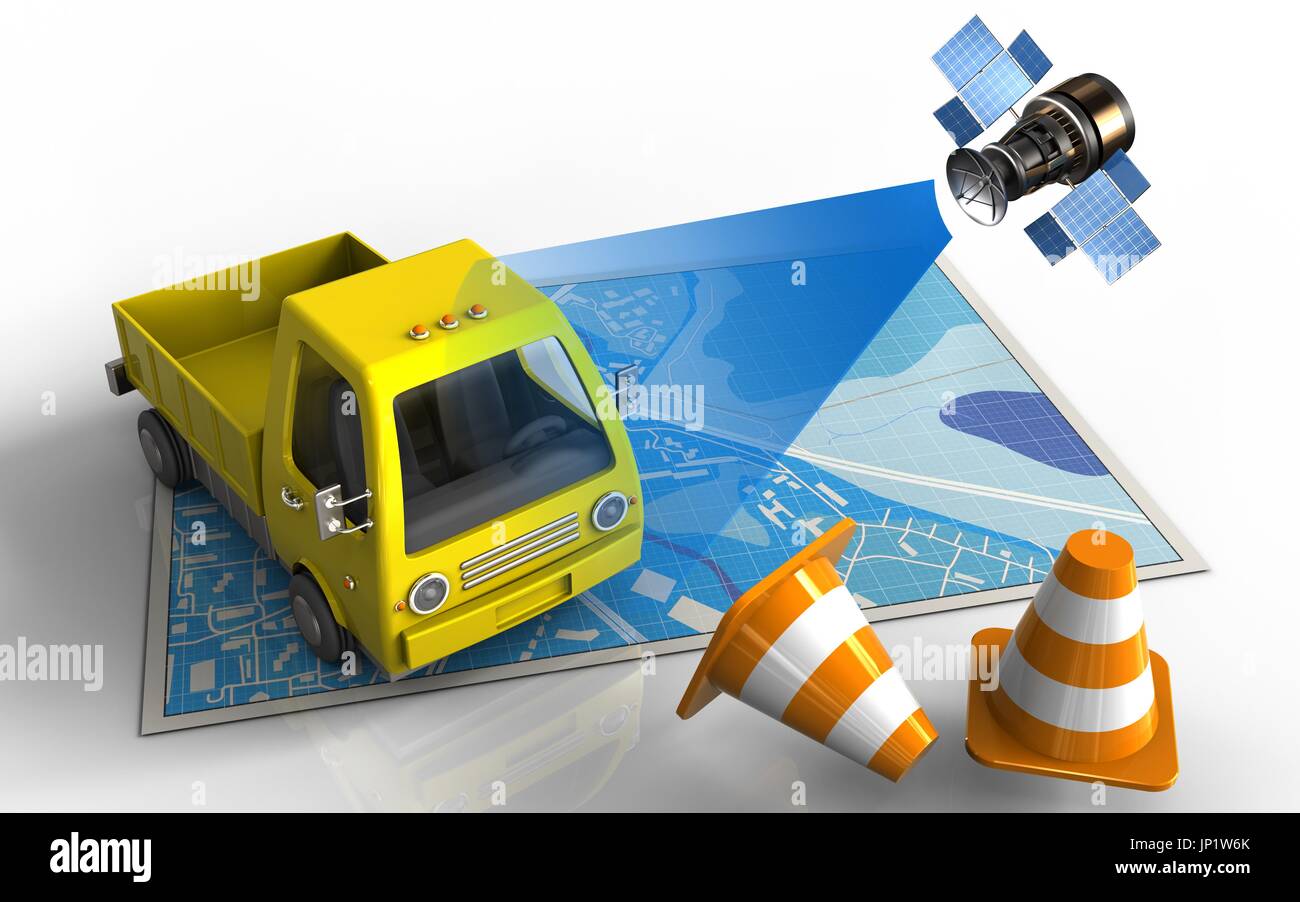 3d illustration of blue map with yellow truck and satellite Stock Photo ...