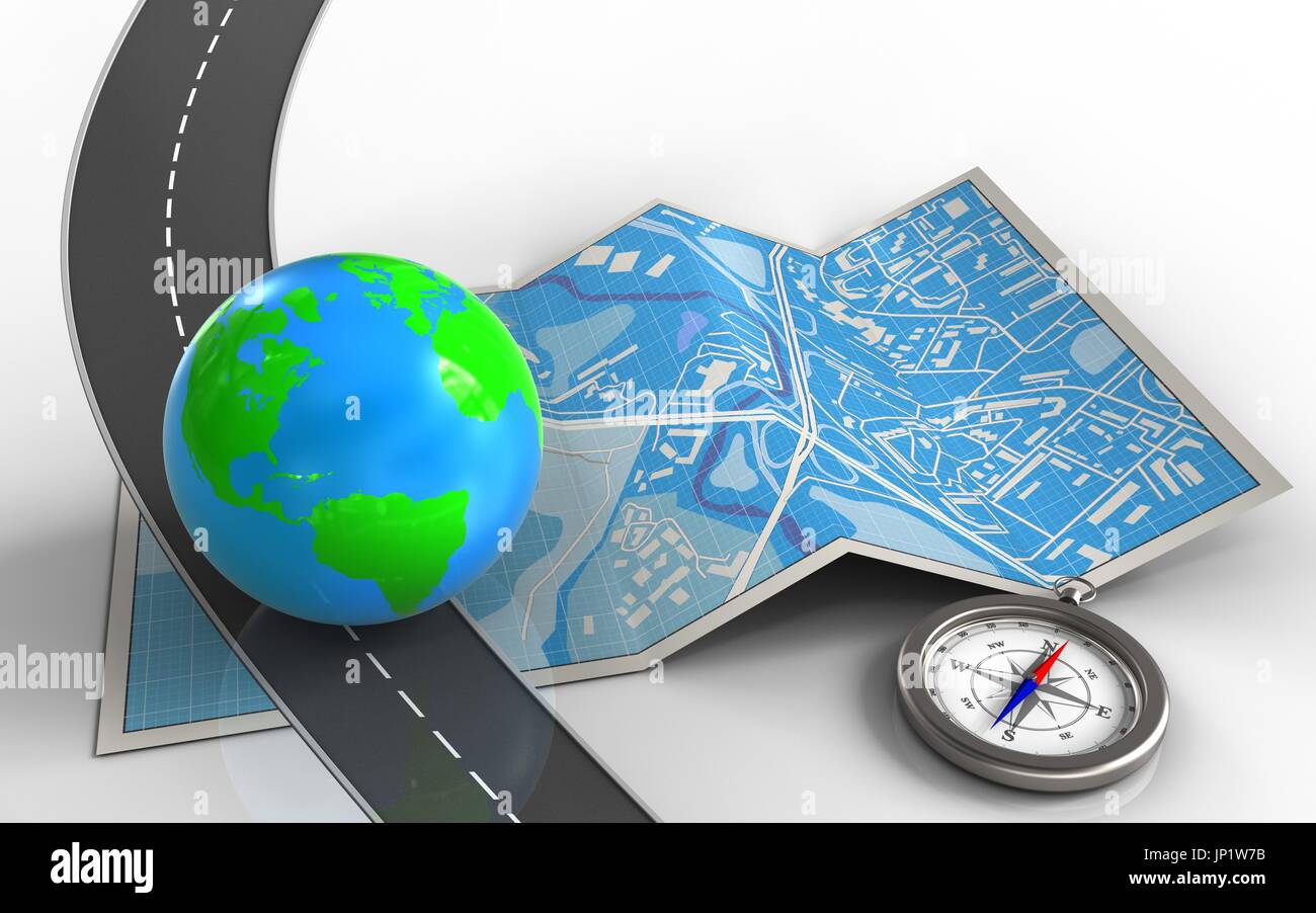 3d illustration of city map with earth and compass Stock Photo - Alamy