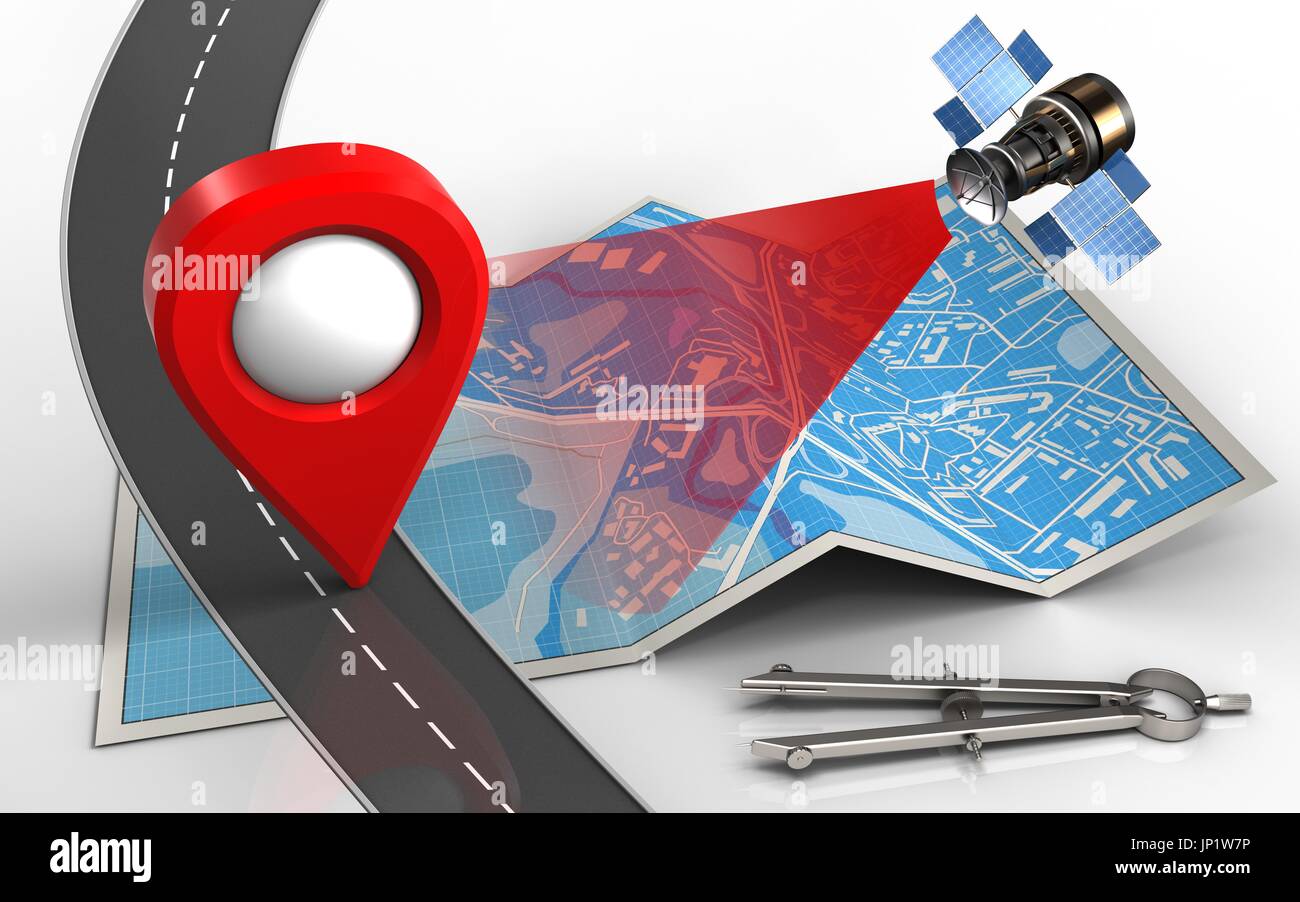 3d illustration of city map with location pin and circle tool Stock ...