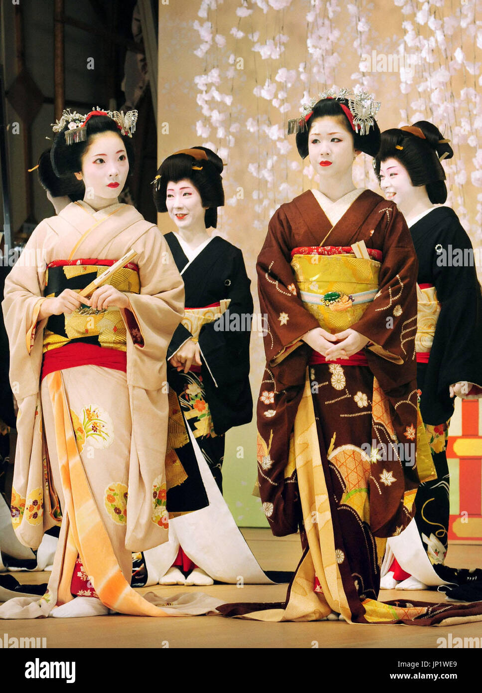 KYOTO, Japan - Geiko and maiko dancers clad in colorful kimono rehearse ...