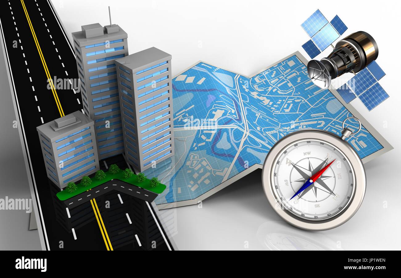3d illustration of city map with city buildings and compass Stock Photo ...