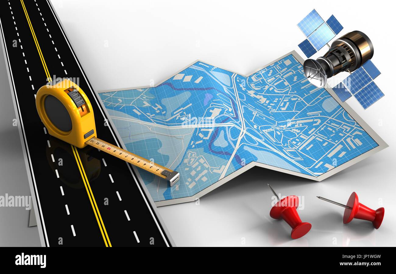 3d illustration of city map with ruler and red pins Stock Photo - Alamy