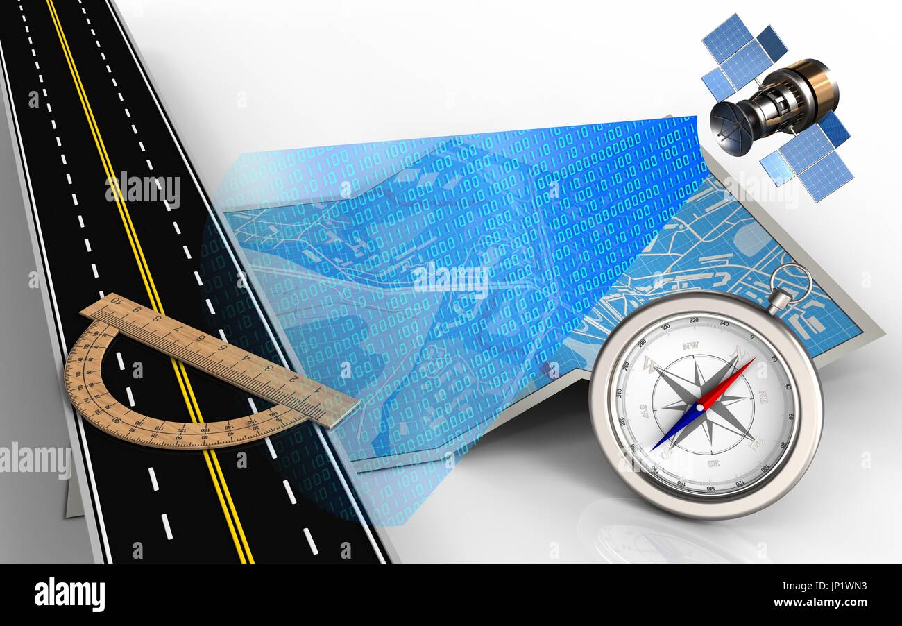 3d illustration of city map with protractor and compass Stock Photo - Alamy