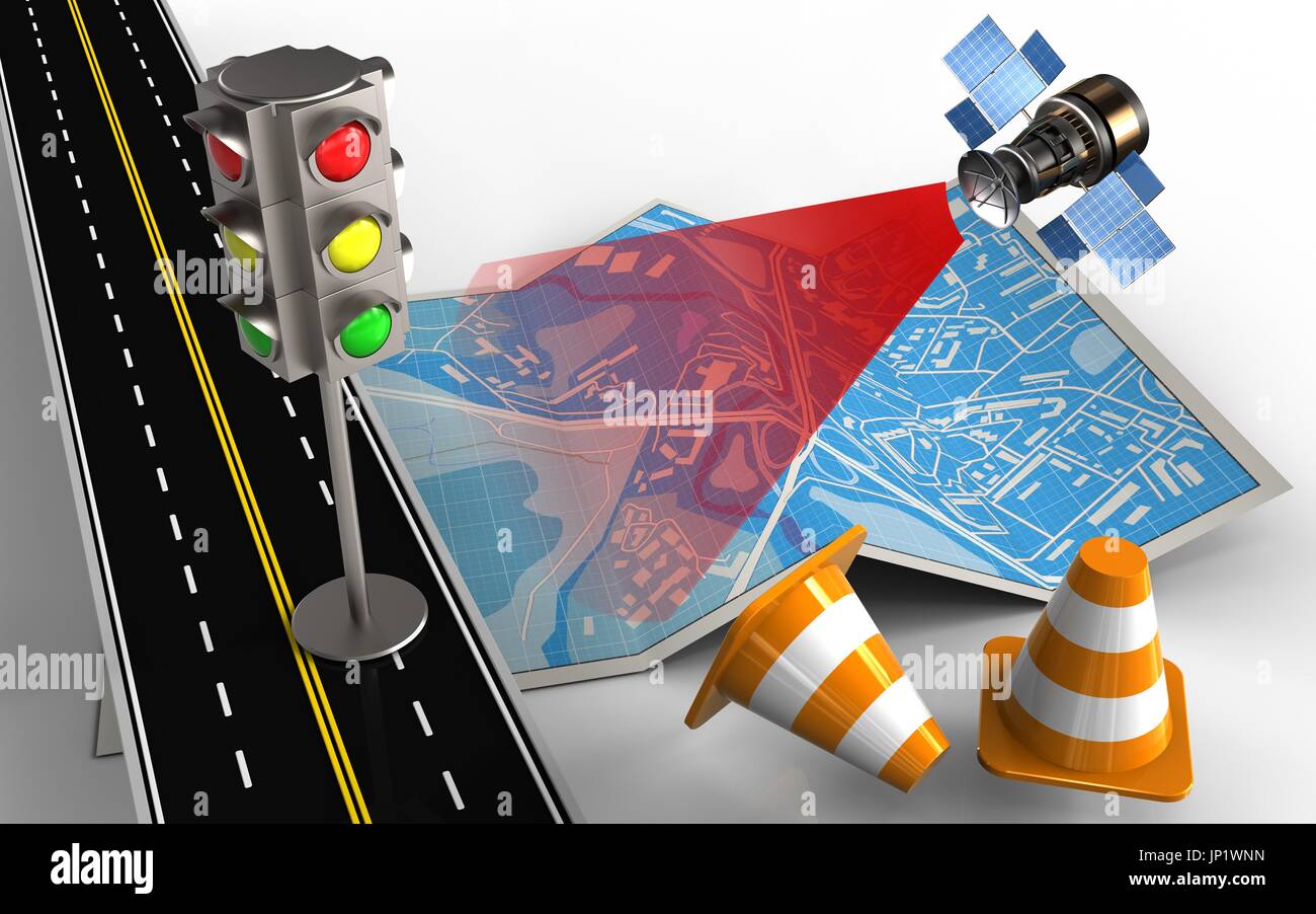 3d illustration of city map with traffic light and repair cones Stock ...