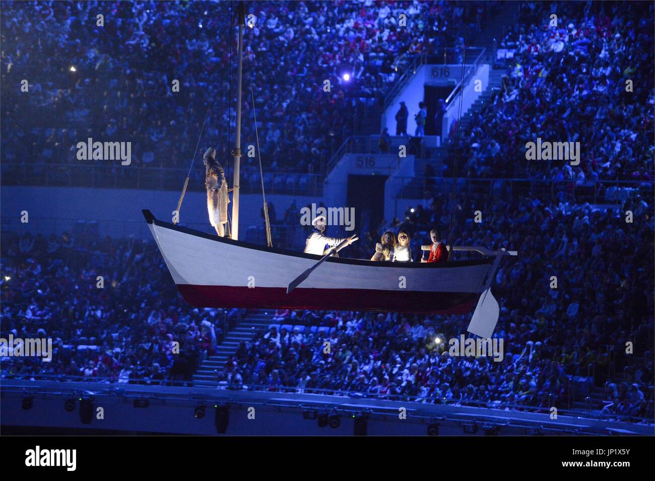 SOCHI, Russia - A boat floats in the air during the closing ceremony ...