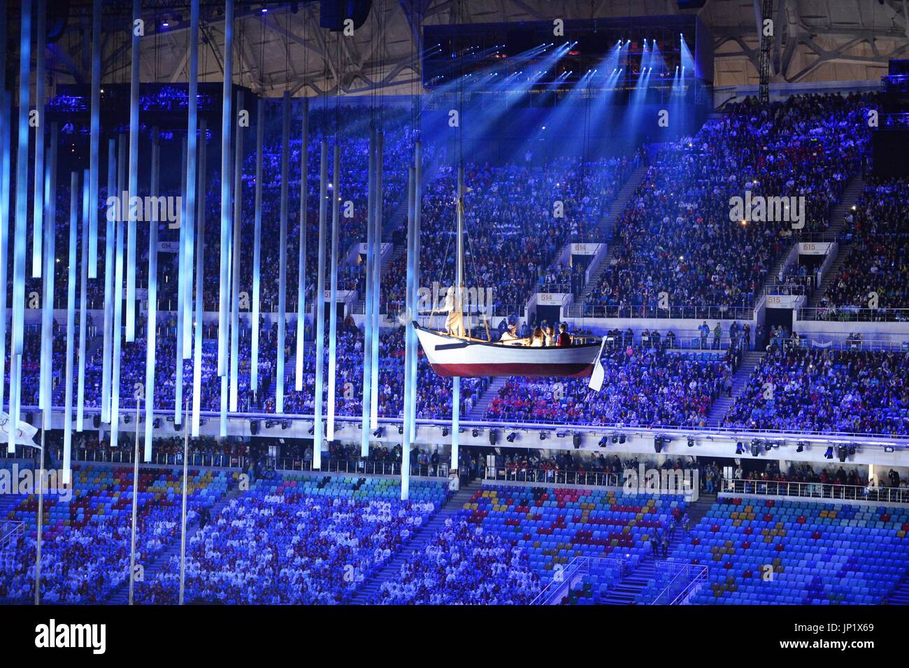SOCHI, Russia - A boat floats in the air during the closing ceremony ...