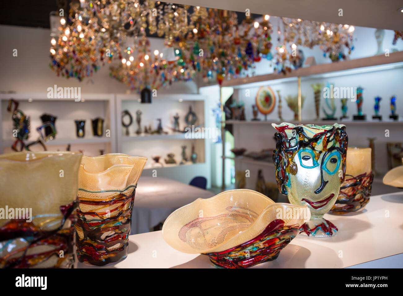 Murano, Venice, Italy - April 28, 2012:Interior of a glass factory display room on Murano ...