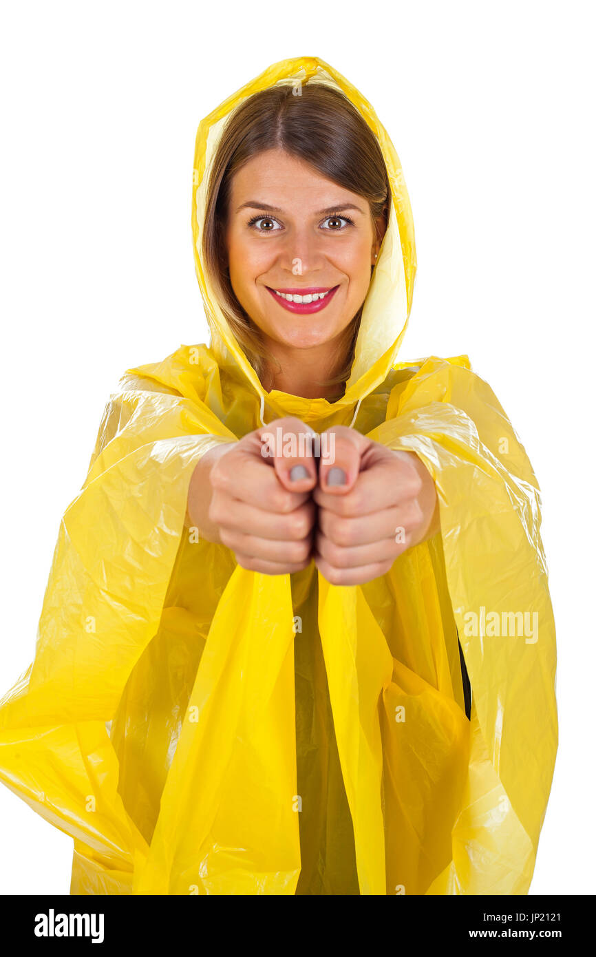 Picture Of Attractive Caucasian Woman Wearing A Yellow Raincoat Posing