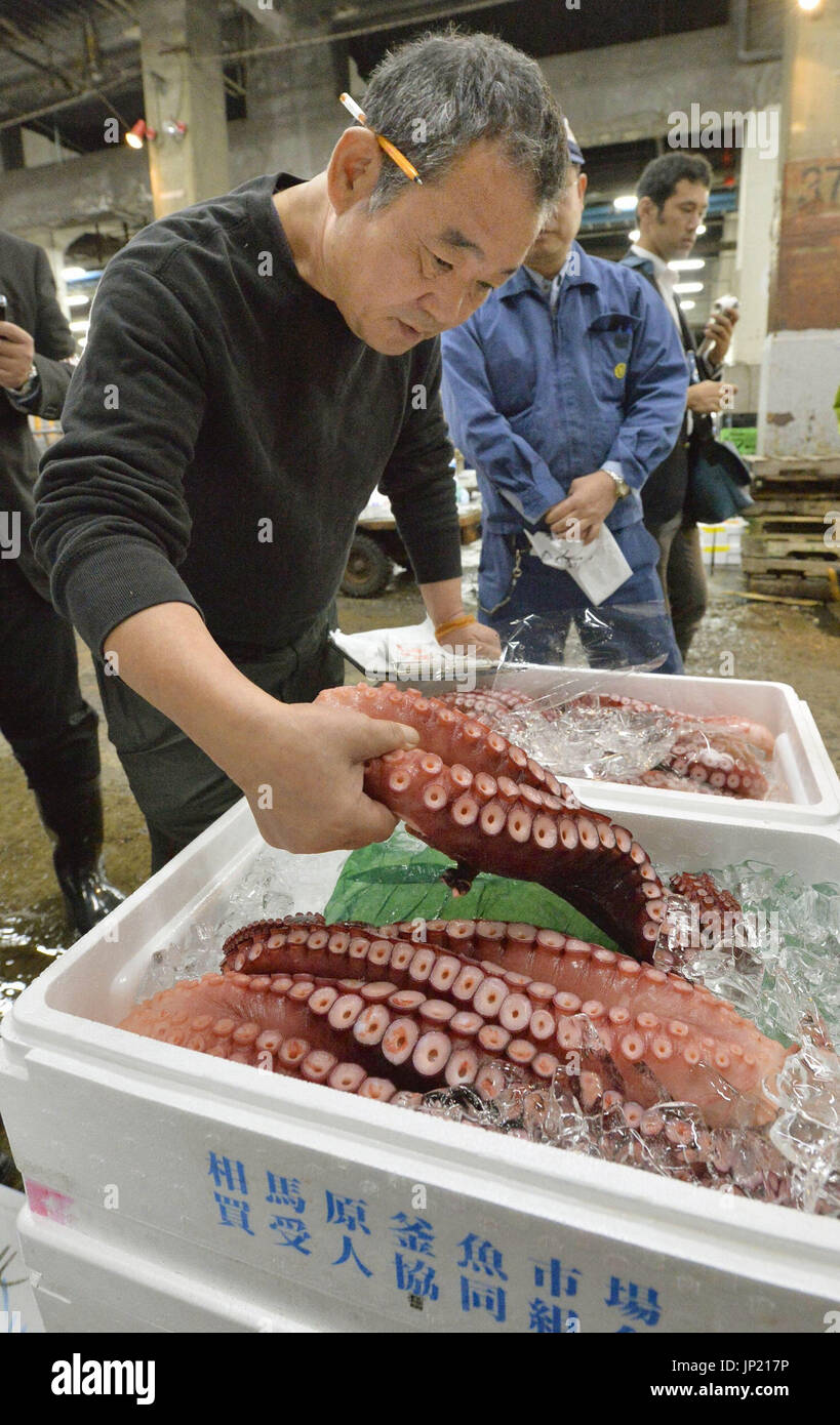 TOKYO, Japan - A broker examines octopus from a fisheries cooperative ...