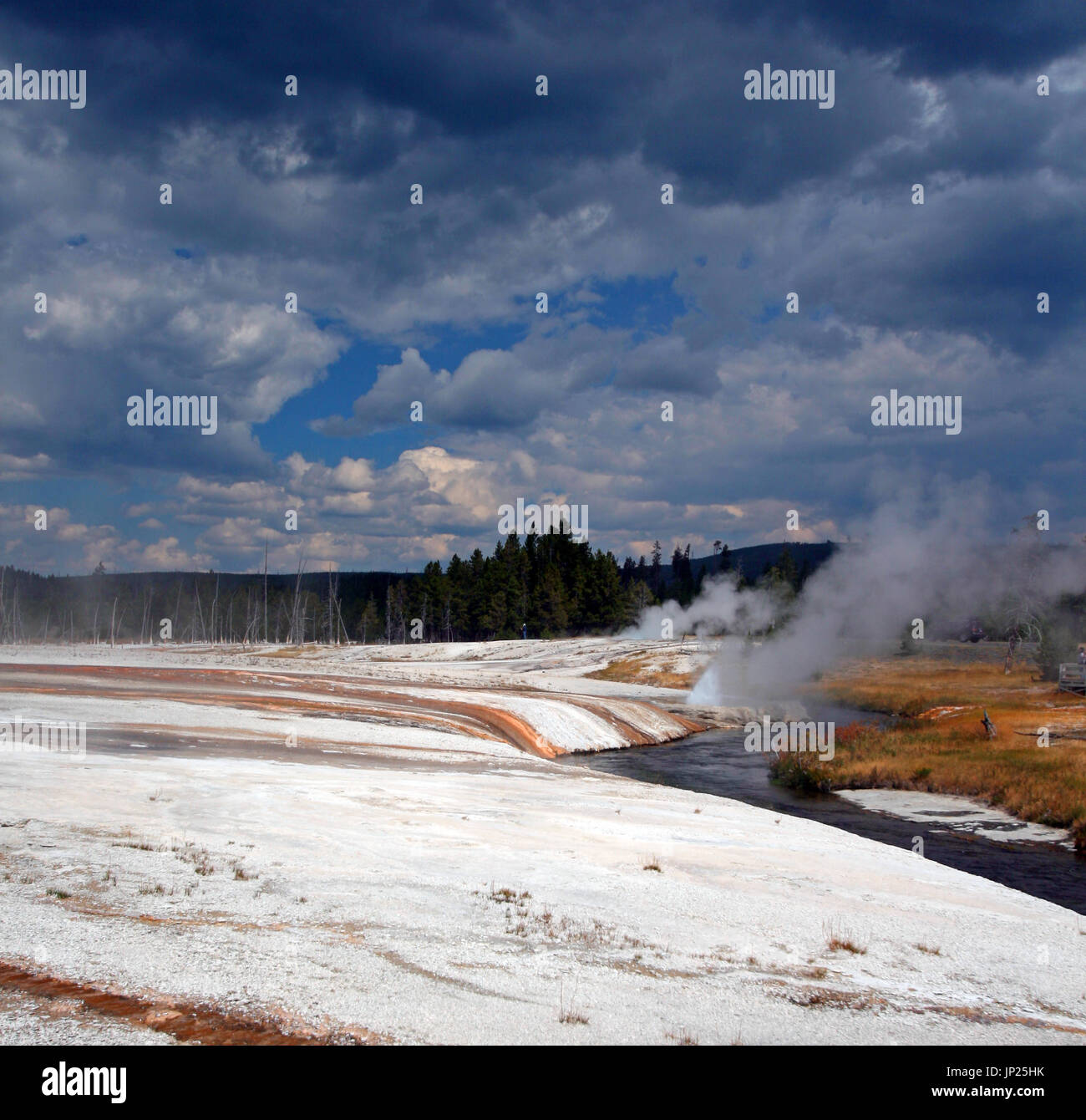 Iron Spring Creek flowing past Cliff Geyser in Black Sand Geyser Basin ...