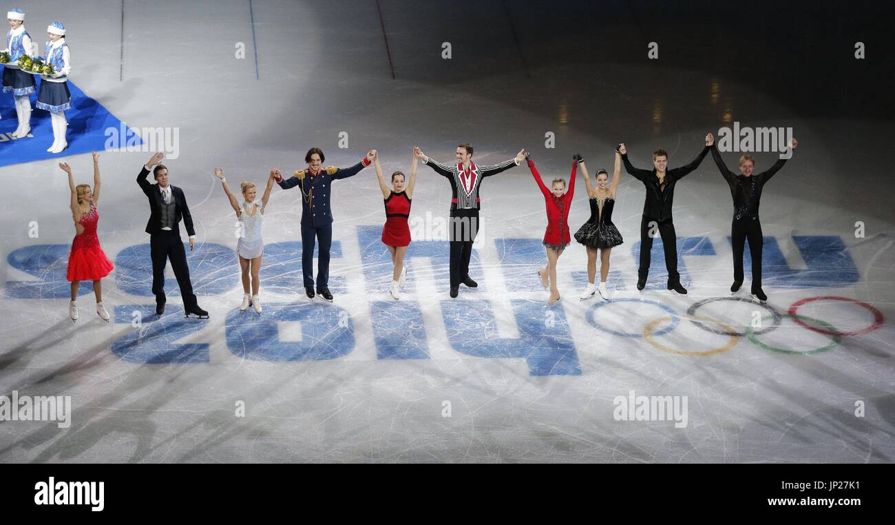 SOCHI, Russia - Russian skaters celebrate their first gold medal in the ...