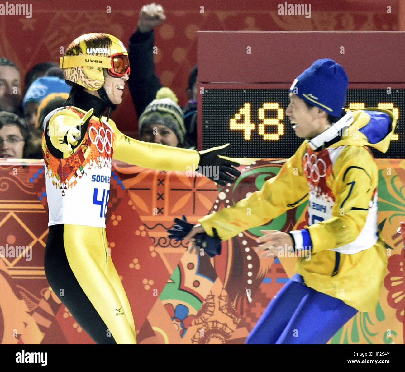 SOCHI, Russia - Noriaki Kasai (L) of Japan celebrates with his ...