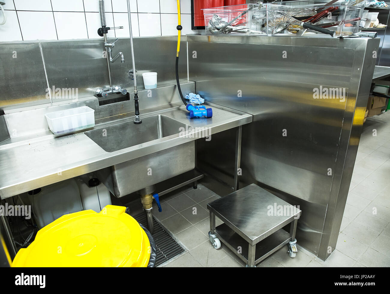 Professional kitchen, view counter in stainless steel Stock Photo - Alamy