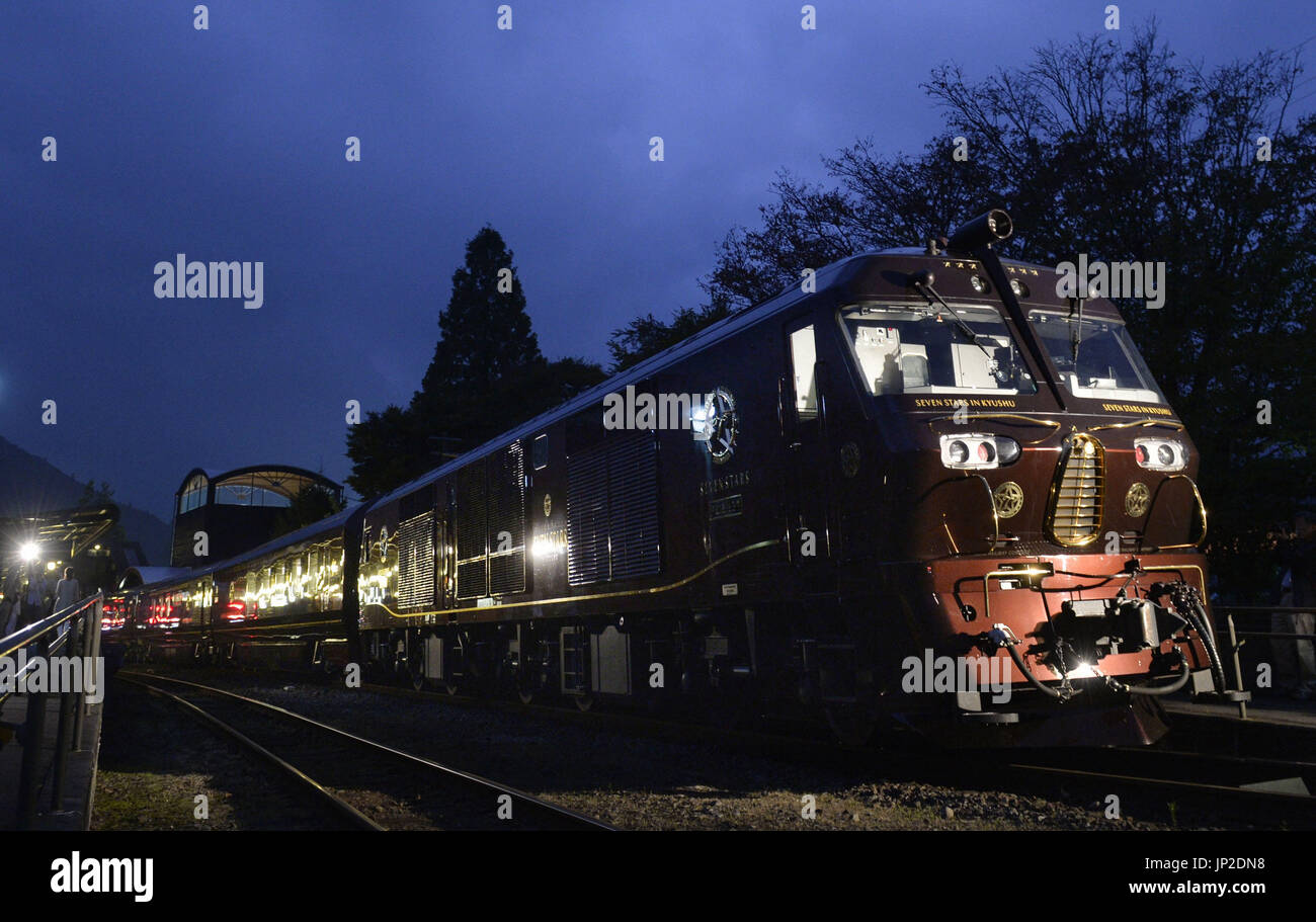 YUFU, Japan - Photo shows the "Seven Stars in Kyushu" train at Yufuin ...